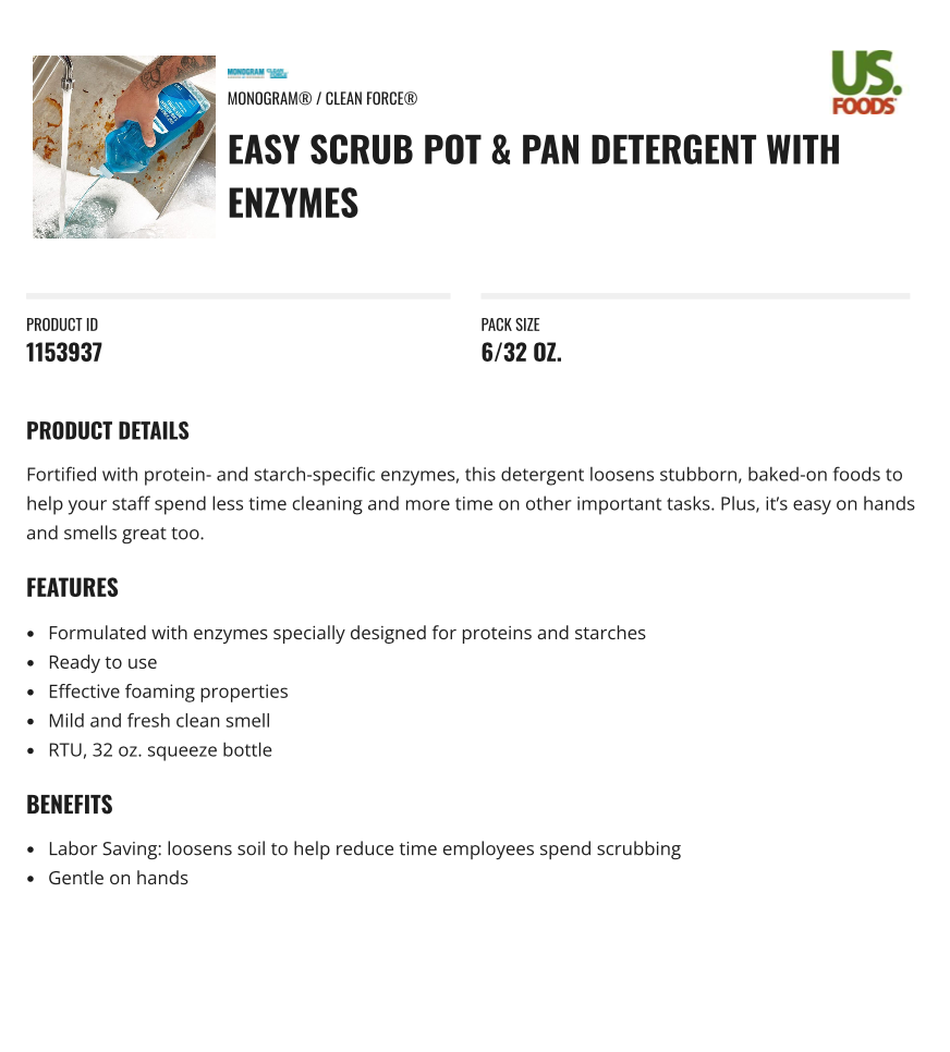 Monogram Clean Force Easy Scrub Pot & Pan Detergent with Enzymes Sell Sheet