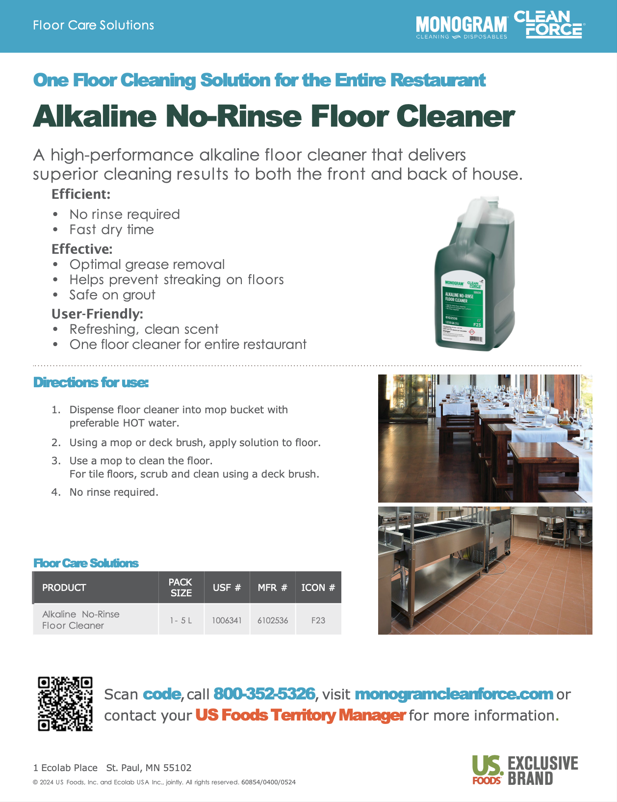 Monogram Clean Force Alkaline No Rinse Floor Cleaner Sell Sheet
